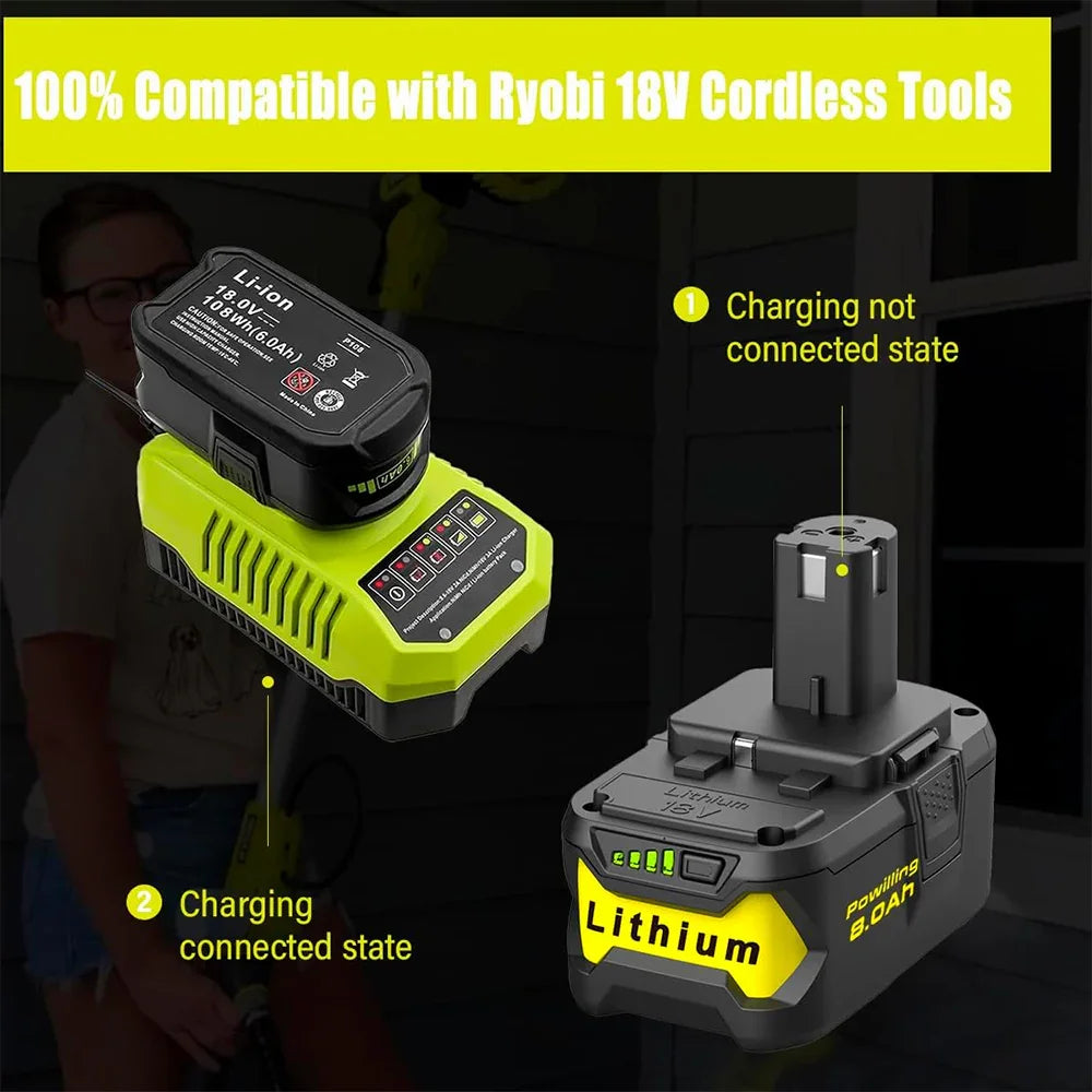 8.0Ah For Ryobi 18V P108 Battery replacement | High Capacity Li-ion Ba ...